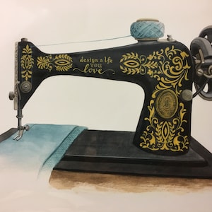 Vintage Singer Sewing Machine Illustration - Watercolour Painting Print ...