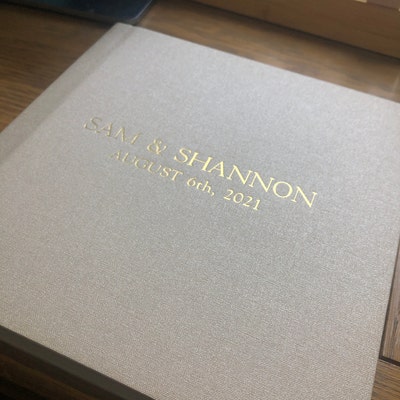 Champagne Linen Lay Flat Guest Book Gold Lettering Gold Emboss Deluxe ...