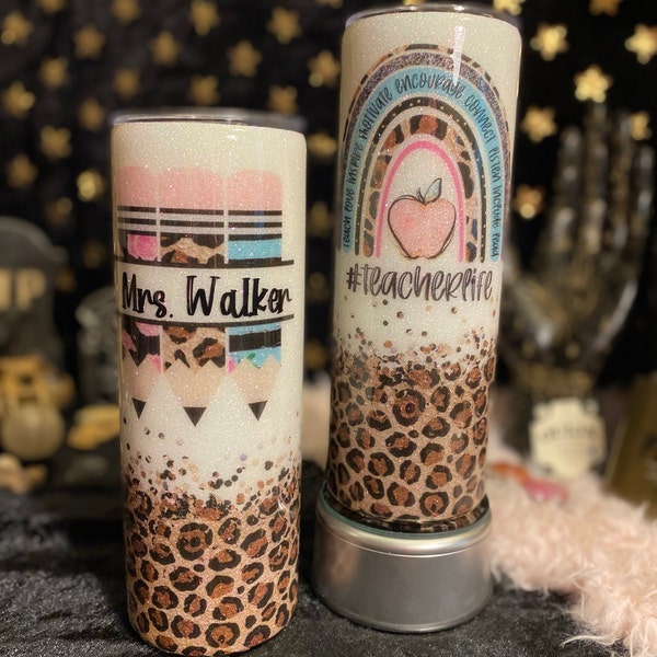 20 Oz Skinny Tumbler Rainbow Leopard Glitter Teacher Tumbler Pencil ...