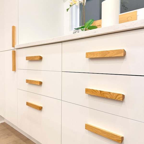 Line Wood Handles Solid Oak Angled Ends, Long Minimalist Cabinet Pulls ...