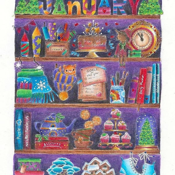 Tinies on Shelves JANUARY Colouring Page Set for Adults. 3 Pages ...