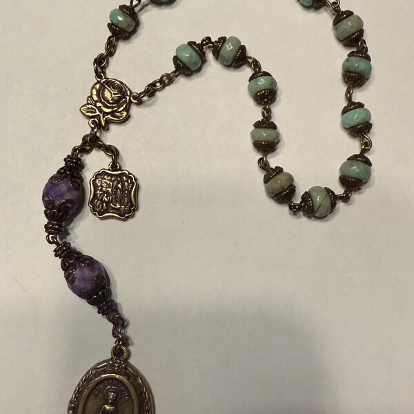 Jesus Mary Tween Hearts Rosary-peach Moonstone&vintage Bronze Prayer ...