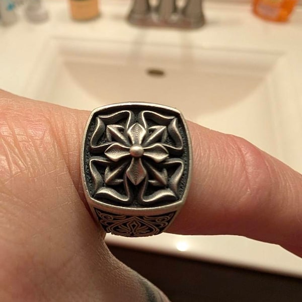 Victorian Style Floral Pinky Ring, Flower Cross Mens Ring in Sterling ...