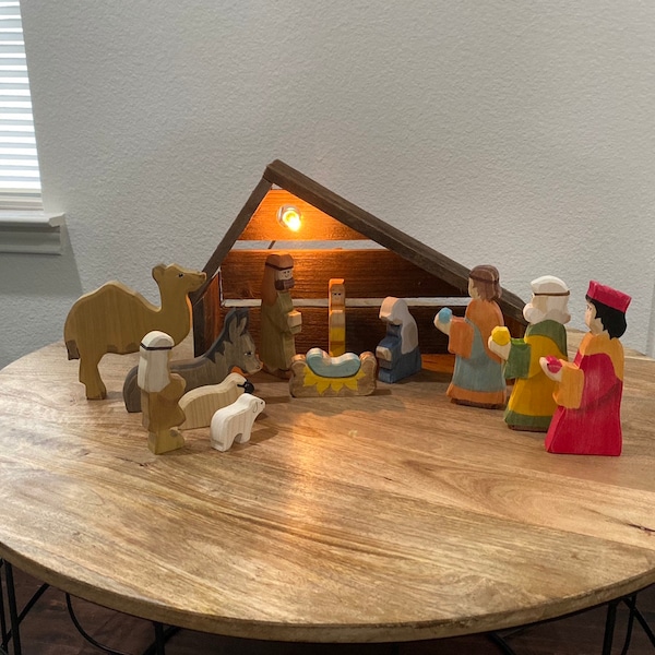 Nativity Stable Manger Rustic Lighted Handmade Wooden Crèche Reclaimed Cedar FAST FREE SHIPPING ...