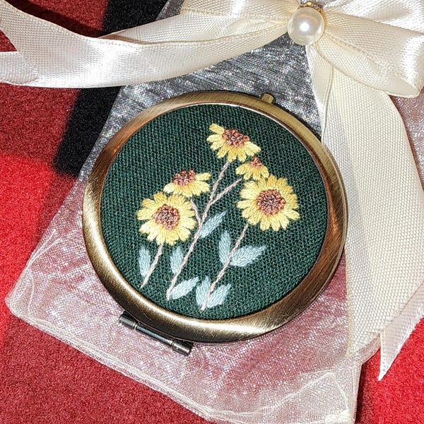 Wild Flower Embroidered Compact Mirror Comes With a Drawstring Bag ...