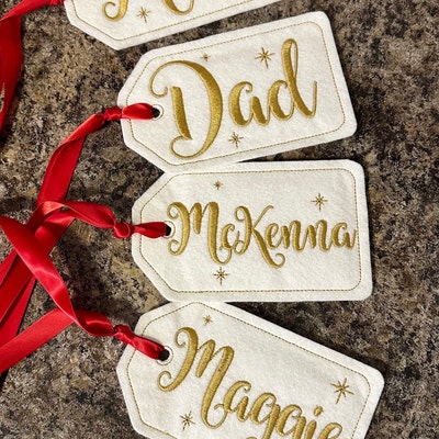 WHITE BACKGROUND Embroidered Stocking Tags Name Personalized Custom ...