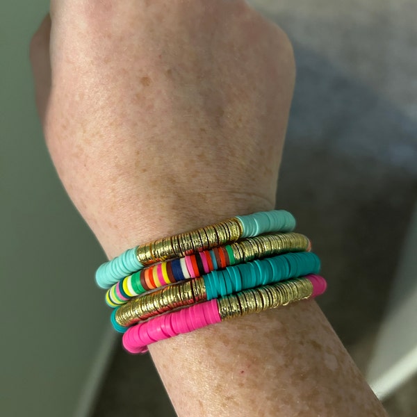 Tennessee Vols Heishi Clay Stack Bracelet With Gold/6mm Stack Soft African Vinyl Bracelets ...