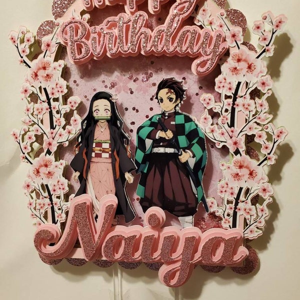 Nezuko and Tanjiro Cake Topper, Shaker With Sakura Flowers, Custom ...