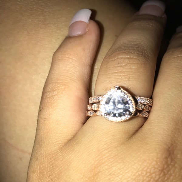 Pear Shape Engagement Ring Set Art Deco & Channel Set Bands Rose Gold ...