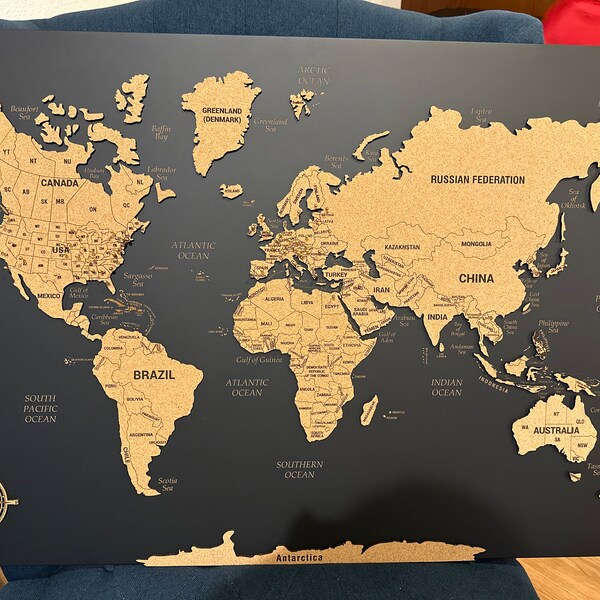 World Map Push Pin Wall Art, Cork World Map Board, Wooden World Map ...