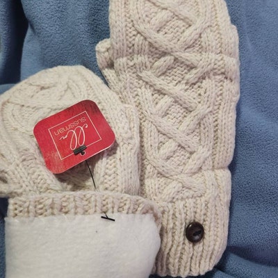 Hand Knit Cream Long Fingerless Gloves Wool Texting Mittens Fleece ...