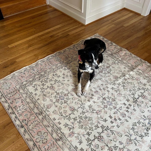 5x9 Muted Pink Green Vintage Turkish Area Rug, 5x9 Pastel Oushak Rug ...