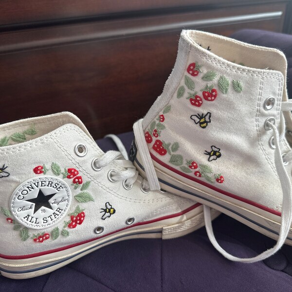 Custom Embroidered Converse High Tops: Strawberry & Bees Sneakers - Etsy