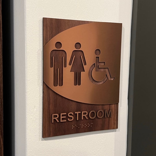ADA Compliant Sleek Wooden Bathroom Sign With Raised Letters and ...