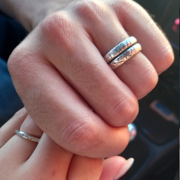 Antique Silver Double Bar Scratched Open Ring• Mens Textured Style Band ...