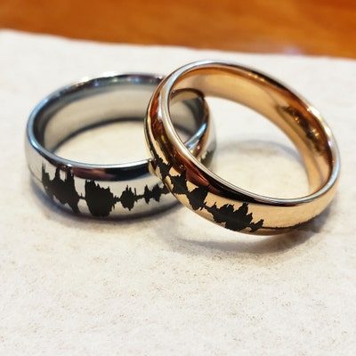 Soundwave Tungsten Rings Couples Matching Bands Waveform Jewelry Silver ...