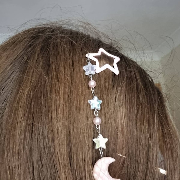 Kawaii Moon Hair Clips With Iridescent Star Beads Available in Pastel ...