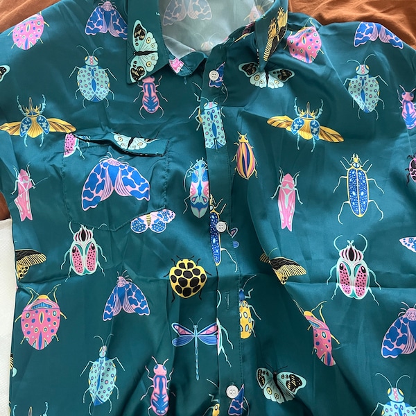 Organic Cotton Bug Print Shirt, Teal Button Up, Bug Shirt, Cotton Shirt ...