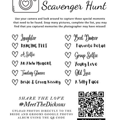 Wedding Photo Scavenger Hunt Template With Hashtag and QR Code Editable ...
