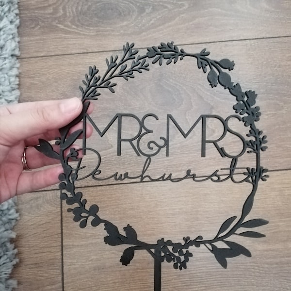 Floral Wreath Wedding Cake Topper - Personalised Wooden Cake Topper (x5 ...