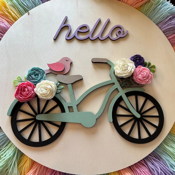 Hello Spring Bicycle Sign, Round Door Hanger Svg, Glowforge Laser Cut ...