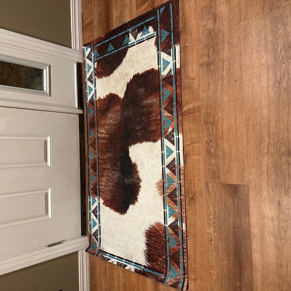 Western Cowhide Print Rug | Faux Cow Hide Area a Rug | Boho Tribal Cow ...