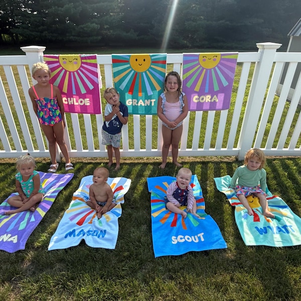 Personalized Rainbow Sun Beach Towel, Kid's Towels With Sun, Sun Beach ...