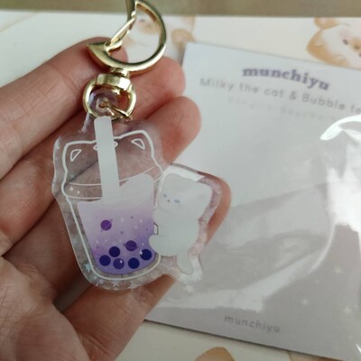 Cute Bubble Milk Tea Cat Keychain Acrylic Holographic Keychain - Etsy