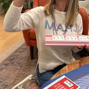 MAHJ Knit Block Letter Sweater - Perfect Mahjong Lover/ Teacher Gift Blue and White Grand ...