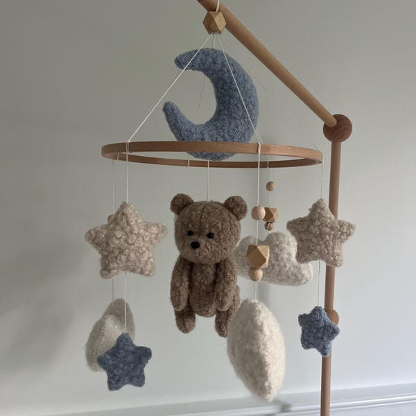Boucle Blue Baby Mobile Teddy Bear Crib Mobile Boucle Nursery Mobile ...