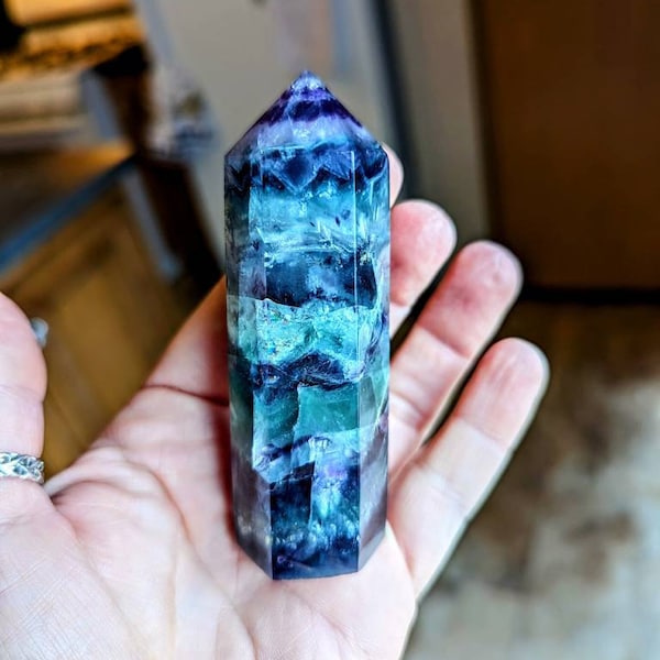 Rainbow Fluorite Crystal Tower Point - Raw Fluorite Gemstone Point ...
