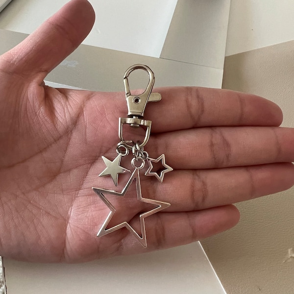 Silver Stars Bag Charm, Silver Star Keyring, Star Gift, Star Keychain ...