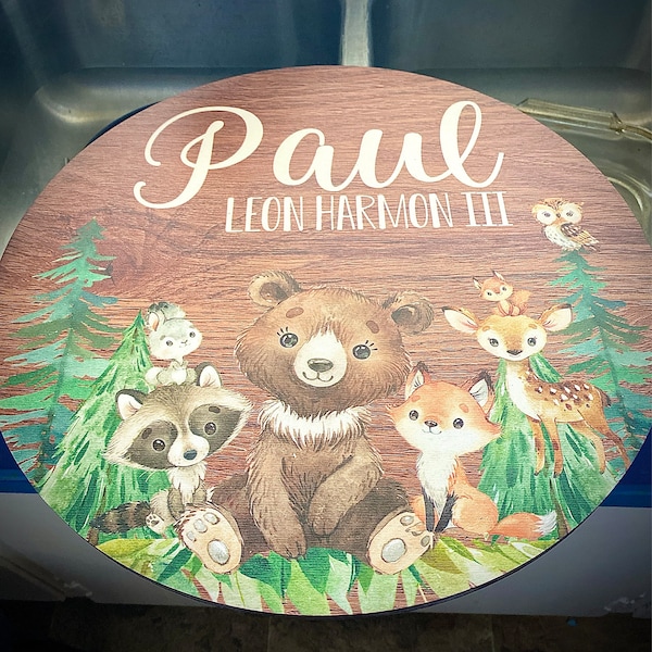 Woodland Animal Name Sign, Woodland Nursery Baby Sign, Round Wood Name ...