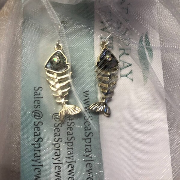 Silver Abalone Fish Bone Dangle Earrings Rhinestone Accent Woman's ...