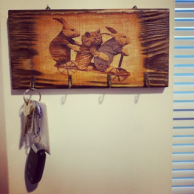 Rustic Key Holder for Wall With Rabbits and Cat Entryway Decor Fun Keys ...