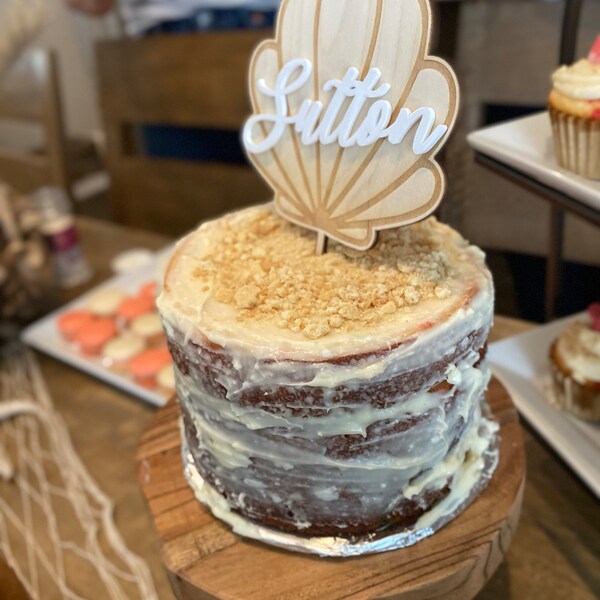 Wooden Shell Custom Cake Topper With Acrylic Name Birthday Cake Topper ...