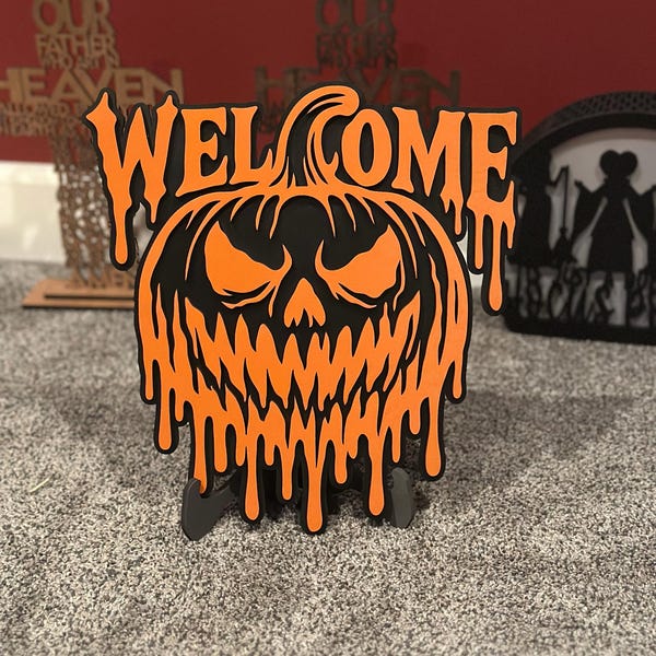 Evil Pumpkin Welcome Sign SVG for Laser Cutting, Halloween Layered Door ...