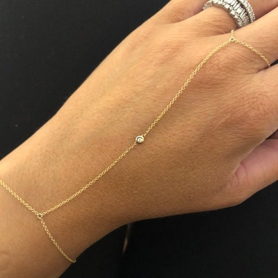 14k Gold Bezel Diamond Hand Chain - Etsy