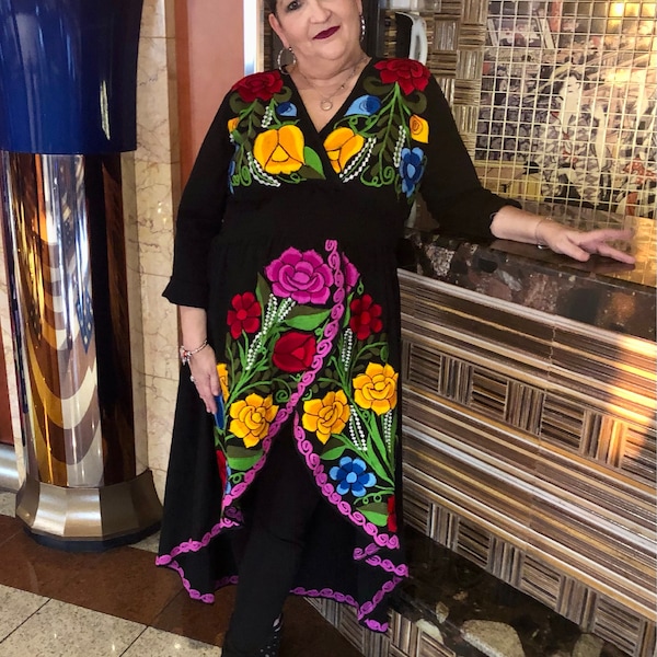 Mexican Asymmetrical Dress. Size S - 2X. Floral Embroidered Dress ...