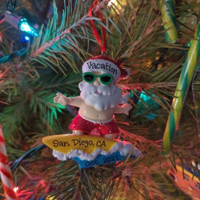 Santa on a Surfboard Personalized Ornament Surfer Beach Vacation ...