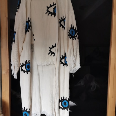 Handmade Muslin Cotton Orange Evil Eye Short Kimono Cardigan Robe, Evil ...