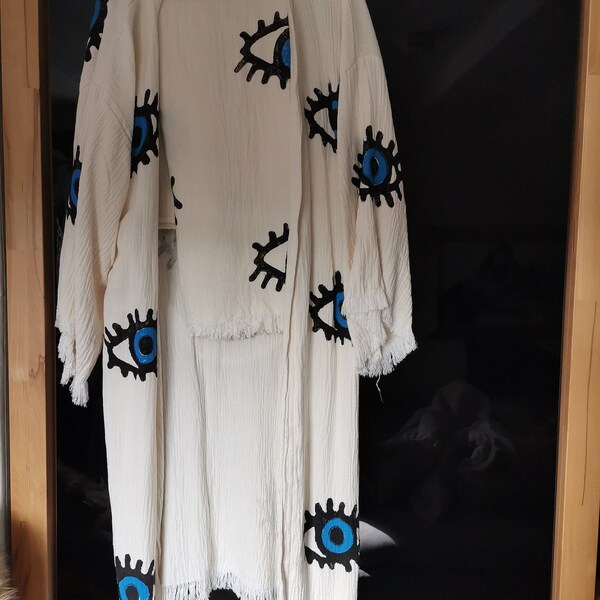 Handmade Muslin Cotton Red Evil Eye Short Kimono Cardigan Robe, Evil ...