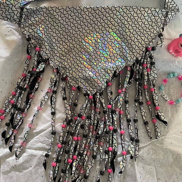 Holographic Rave Bandana - Festival Bandana With Bead Fringe - Etsy
