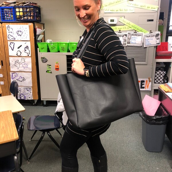 Extra Large Black Leather Tote Bag , Oversized Work and Travel Computer ...