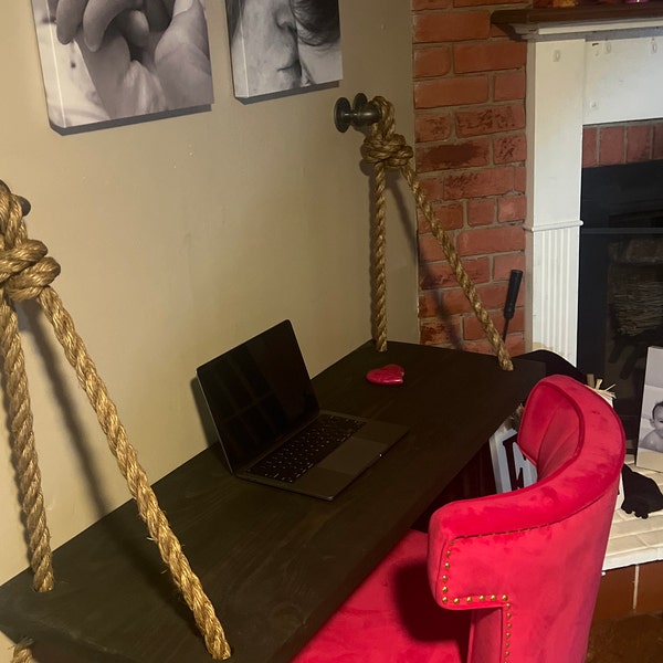 Rope & Pipe Desk - Farmhouse Suspended Wood - Wall Mounted - Standing ...