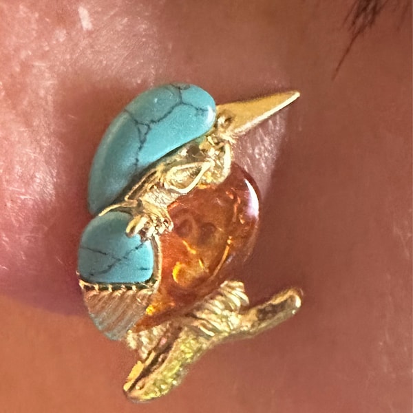Amber & Turquoise Kingfisher Earrings, Natural Gemstones, Bird Stud ...