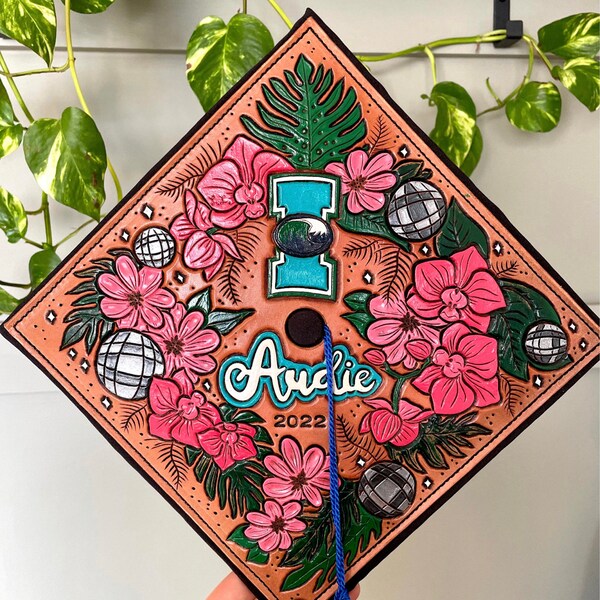 Custom Graduation Cap Topper Slot Tooled Leather Grad Caps Embellished ...