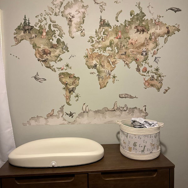WORLD MAP Wall Decal for Kids, World Map Wall Decal, Wall Decal Animals ...