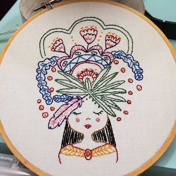 FLOWER GIRL - Pdf Embroidery Pattern, Feather and Flowers, Girl With ...