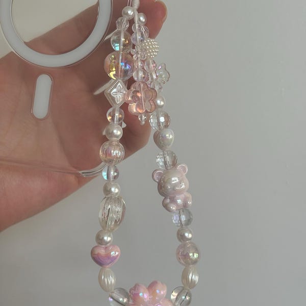 Pink Bear Phone Charm: Handmade Phone Chain Cute Phone String Keychain ...